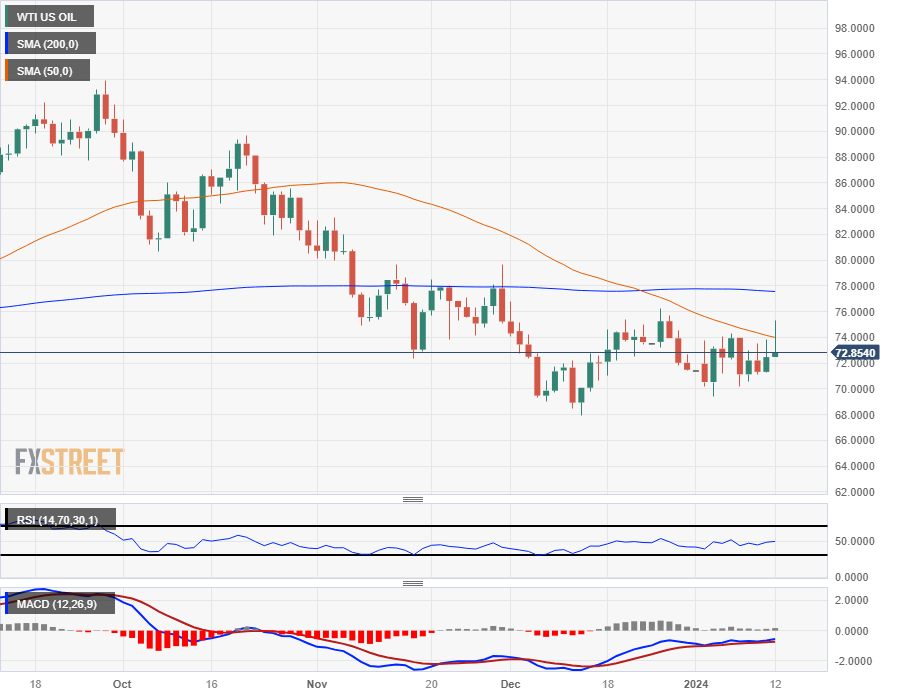 Crude Oil eases back after rise on geopolitical concerns, WTI falls back into $72.50